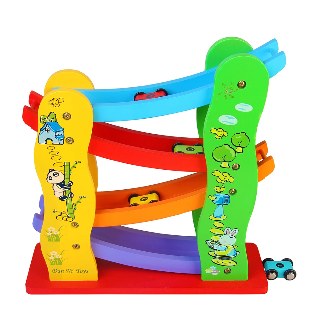 Wooden Blocks Toys Educational Track And 4 Wood Cars Race Car Ramp ...