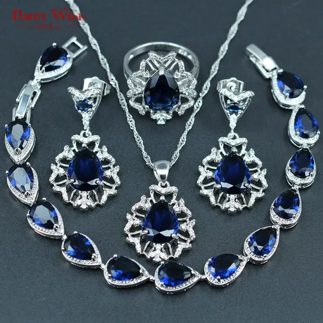 Luxury Blue Jewelry Sets For Women Wedding White Zircon 925 Silver ...