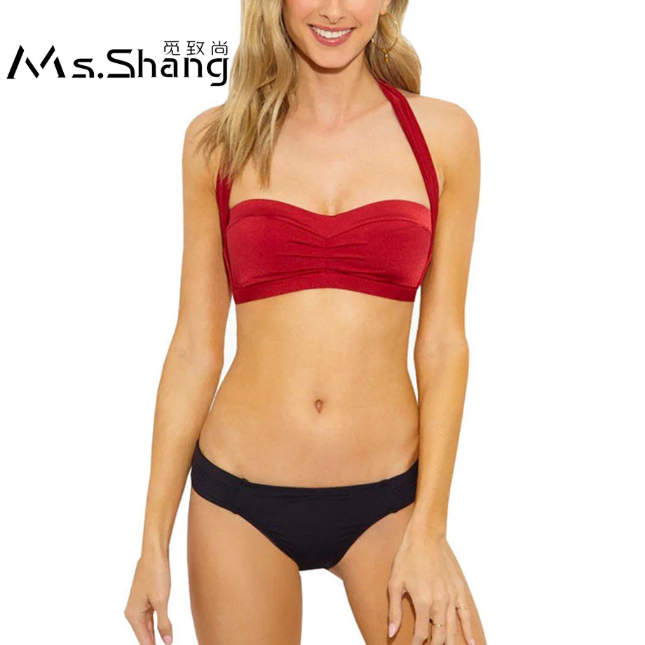 Ms Shang Red Sexy Bandeau Bikini Push Up Swimwear Women Halter Top