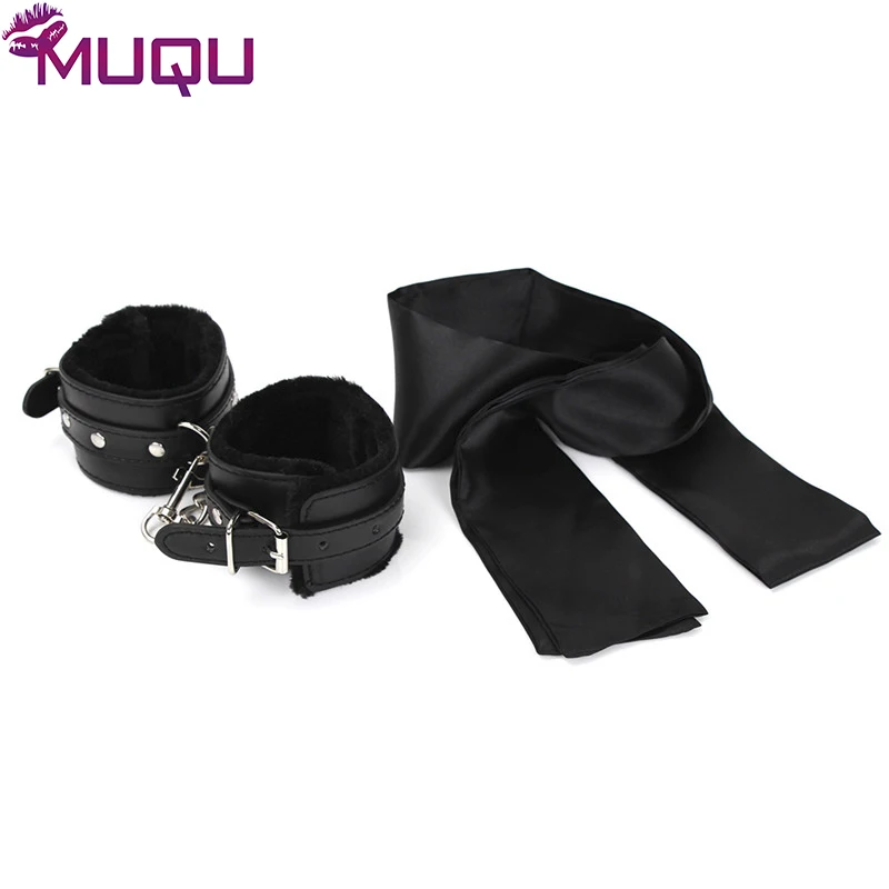 Muqu Four Colors Pu Leather Handcuff Satin Blindfold Bdsm Bondage Set Sm Slave Adult Sex Games