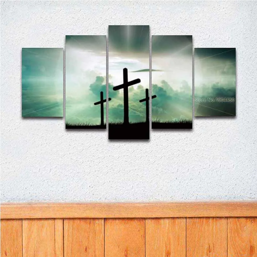 5 Panel Painting Canvas Wall Art Christian Cross Modular Picture HD ...