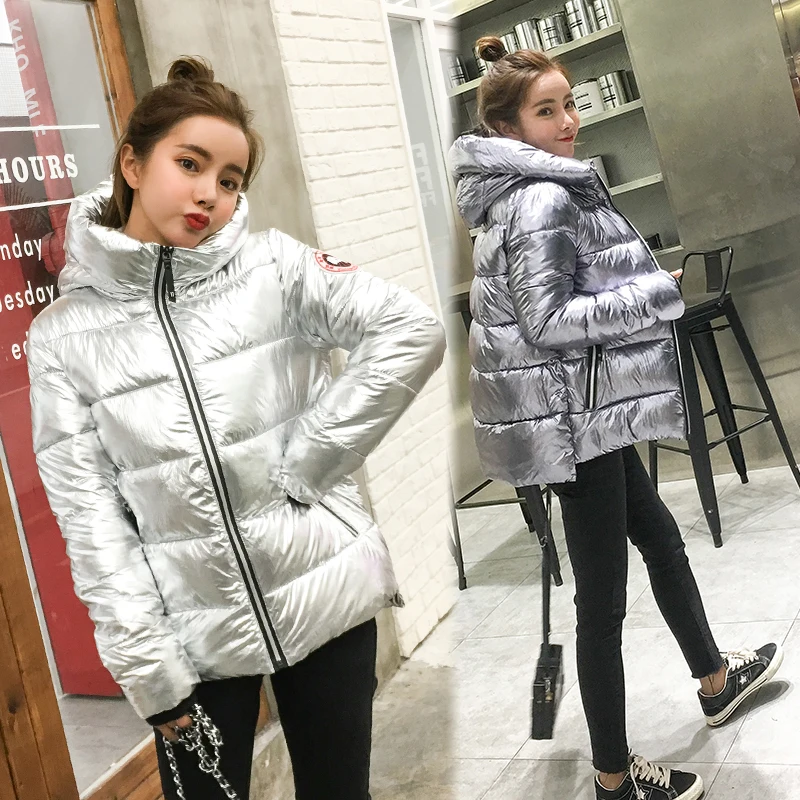 Silver Bright metal Jacket Coat Women Winter Warm Cotton Padded Short ...