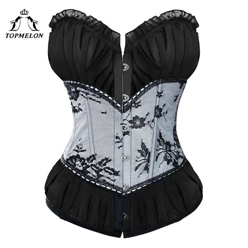 Topmelon Retro Corset Satin Lace Floral Steampunk Top For Women Lace Up