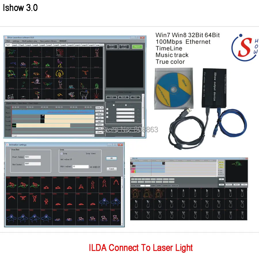 Eshiny iShow – logiciel d'exposition Laser V3.0 ILDA + Interface USB RJ45 pour Disco DJ DMX Bar ...