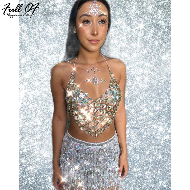 Sexy Bling Chest Chain Crop Tops Women Summer Beach Queen Sequins