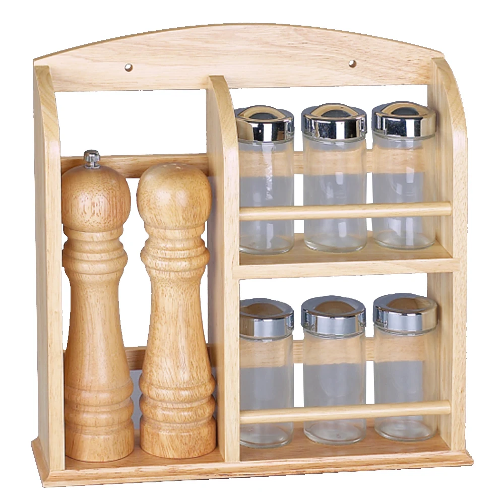 Salt And Pepper Pepper Mill Kitchen Wooden Spice Rack With 6pcs Glass ...