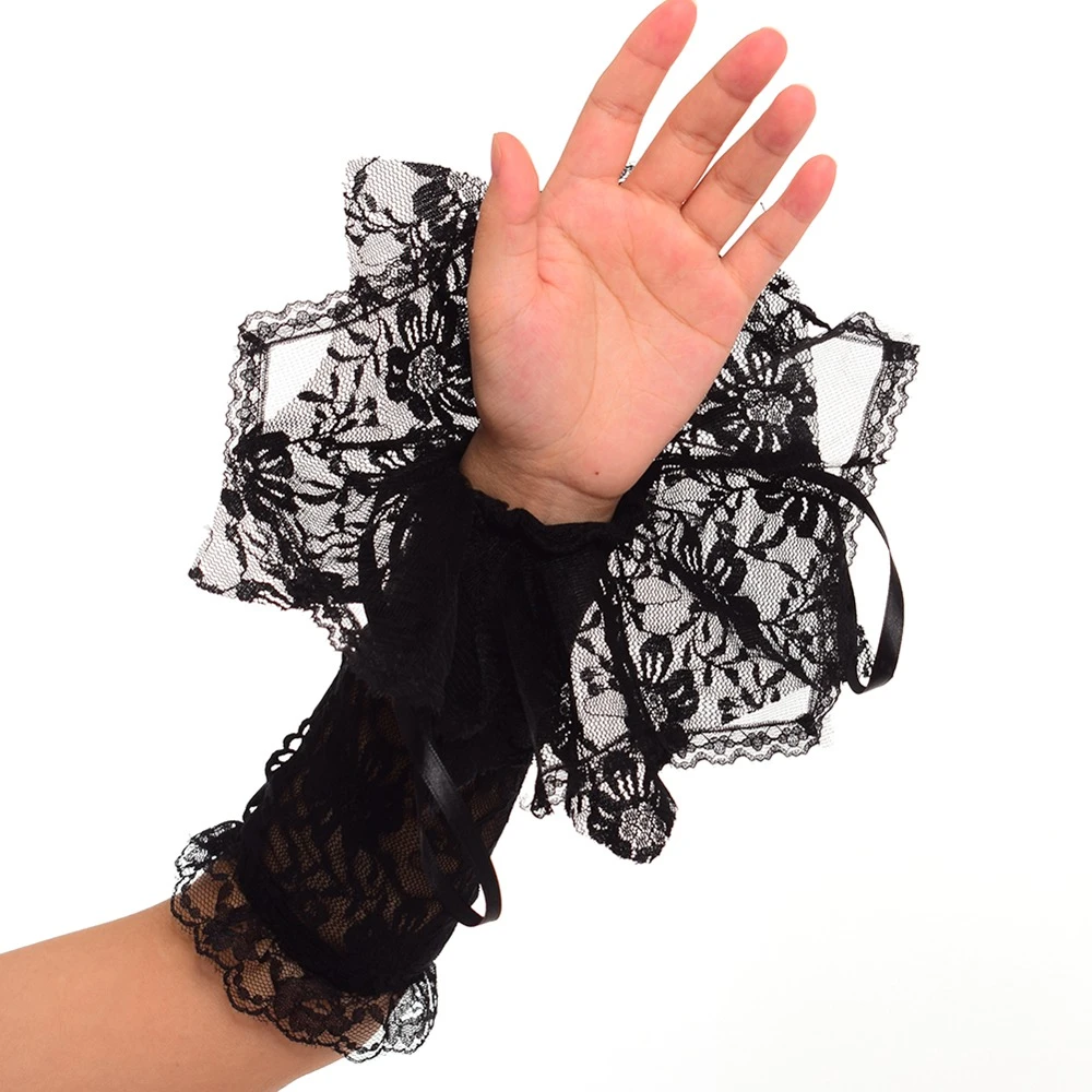 Victorian Women Lolita Ruffle Sleeve Gloves Black Lace Hand wear Hand ...