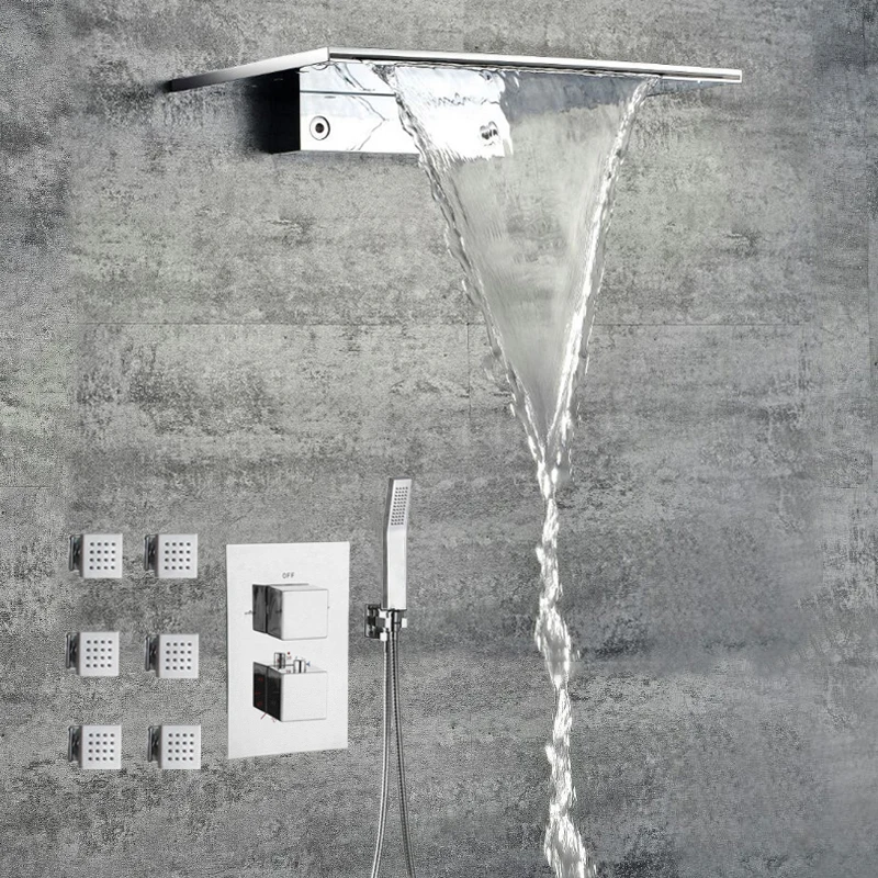 Thermostatic Waterfall Shower Heads Set Brass Chrome Shower Mixer ...