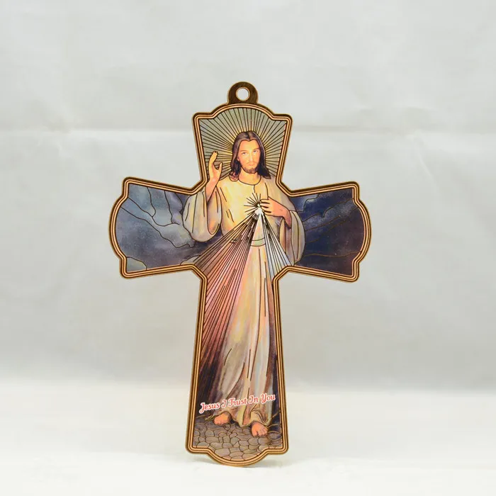 Wooden Foil Wall Cross Divine Mercy Blessed Jesus sacred heart Catholic ...
