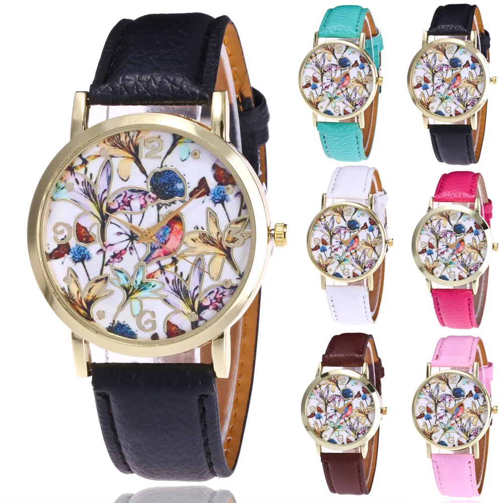 Top Brand Woman Flowers watch Flowers Pattern Leather Band Analog ...