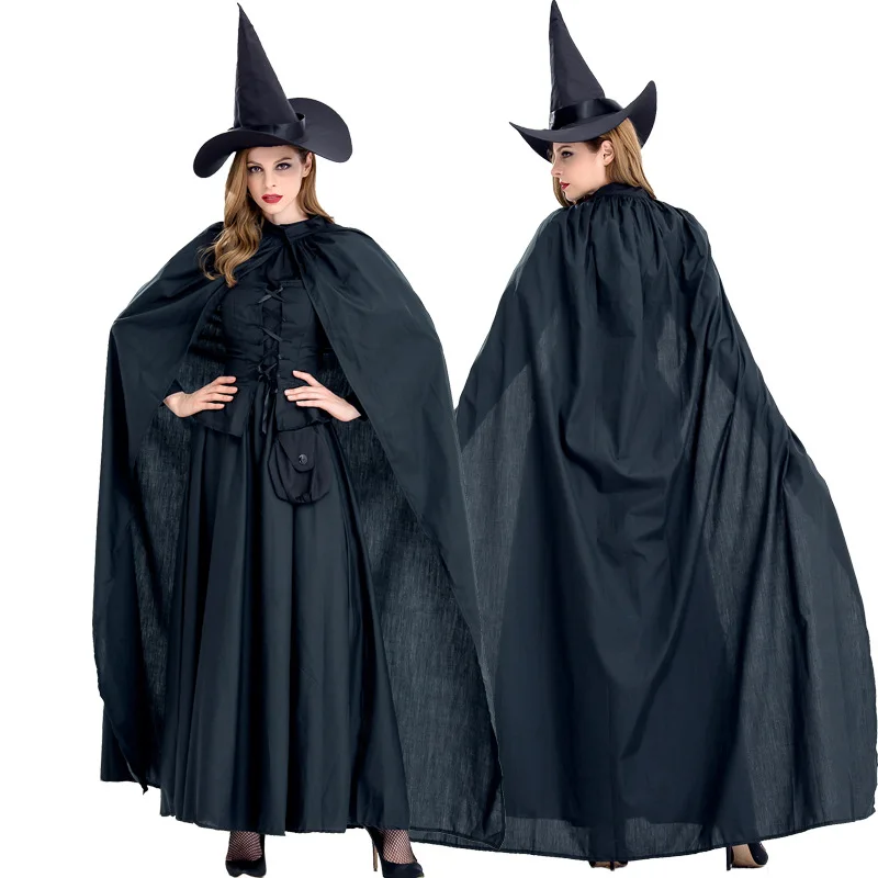 2017 Black Witch Dresses Long Maxi Dresses Cloak Hat Set Cosplay ...