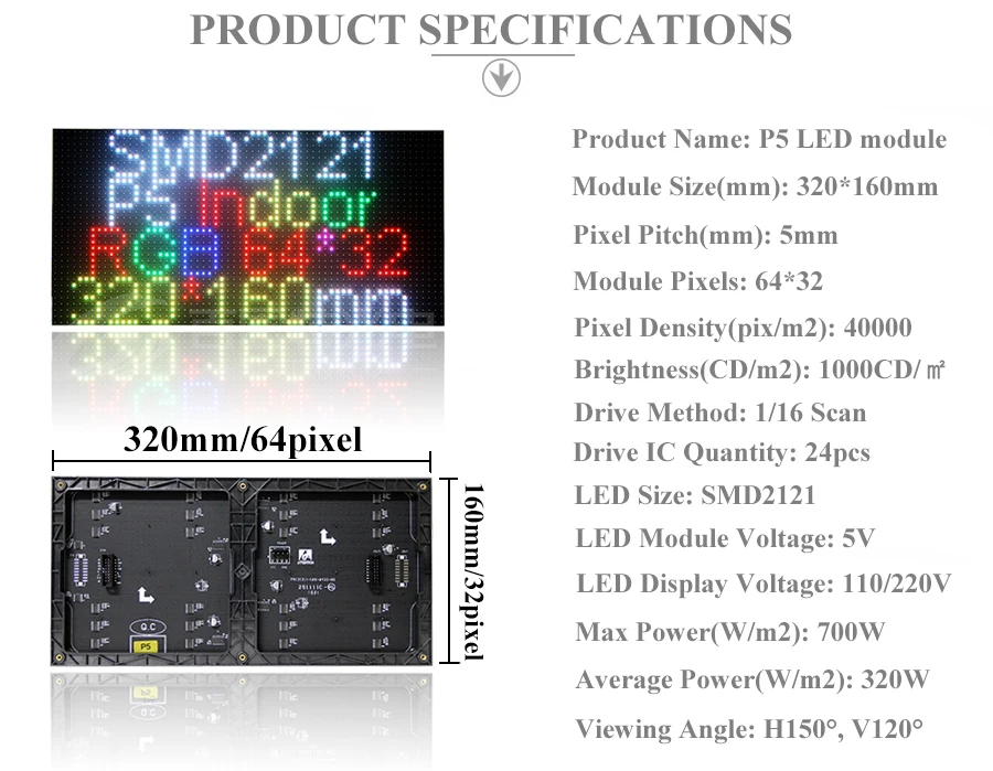 P5 СВЕТОДИОДНЫЙ модуль панели экрана для помещений 320*160 мм 64*32 ...