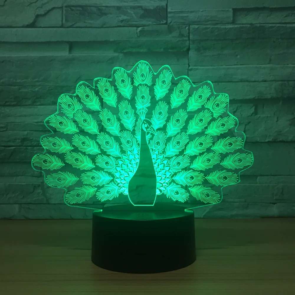7 color peacock 3D lamp LED visual stereo lamp Touch night light 1446 ...