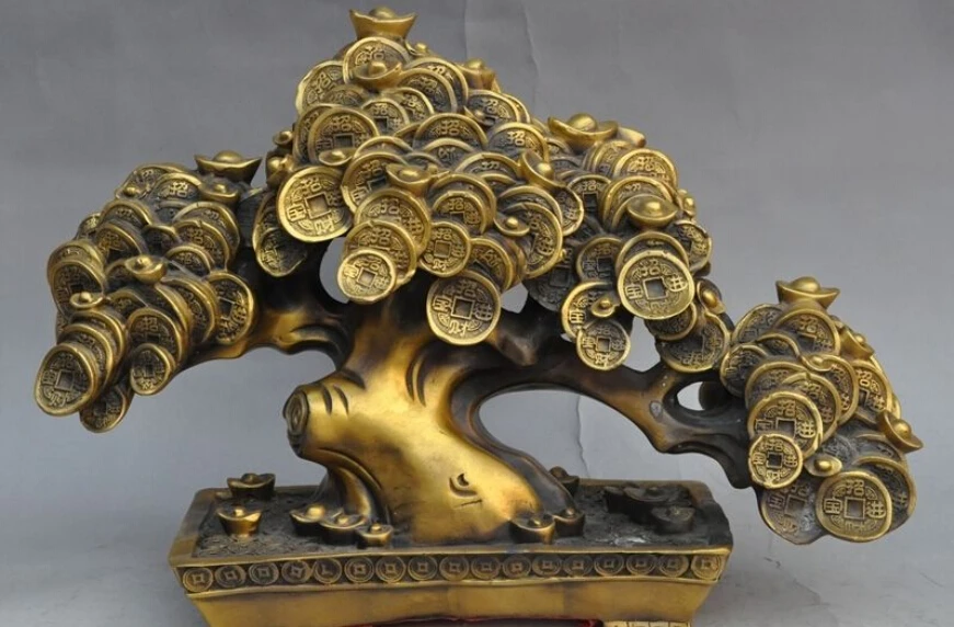 17"Folk Chinese Fengshui Brass YuanBao Coin Wealth Auspicious Statue ...