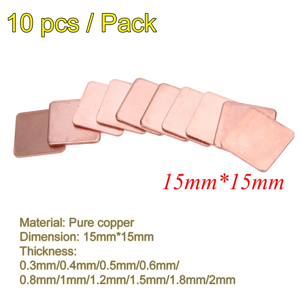 10Pcs 15 15mm 0 3 0 4 0 5 0 8 1 2 1 5 1 8 2 Thickness Heatsink Copper