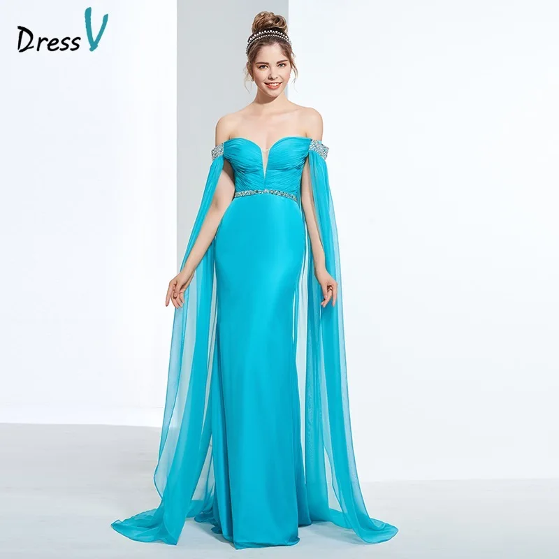 Dressv Dark Blue Watteau Train Long Prom Dress Sheath Beading Pleats