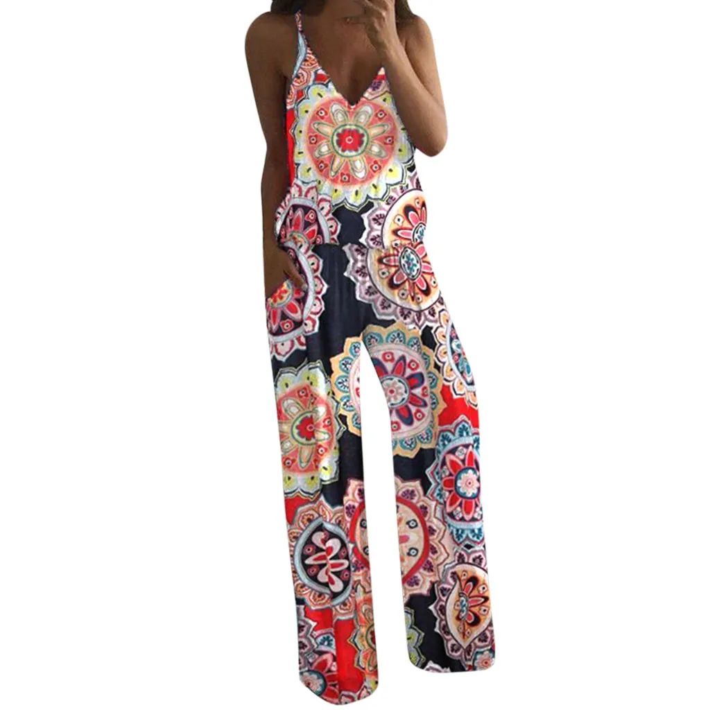 Fashsiualy Vrouwen Jumpsuits Vintage Zomer Romper Bloem Gedrukt Boho Jumpsuit V Hals Spaghetti