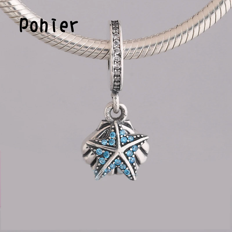 925 Sterling Silver Shell ,Starfish With Blue CZ Pendant Charms ...
