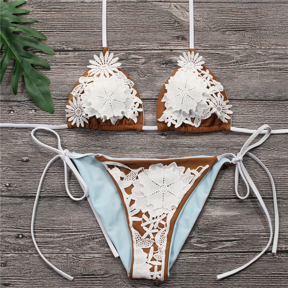 Bikini 2018 Swimsuit Female Sexy Lace Floral Swimwear Women Bathing Suits Bandage Halter Bikinis