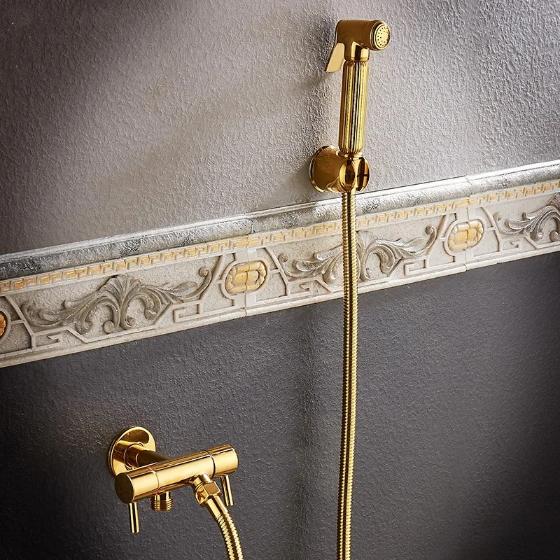 Wall Mounted Gold Brass Bidet Faucet Toilet Sprayer Tap Golden Bathroom ...