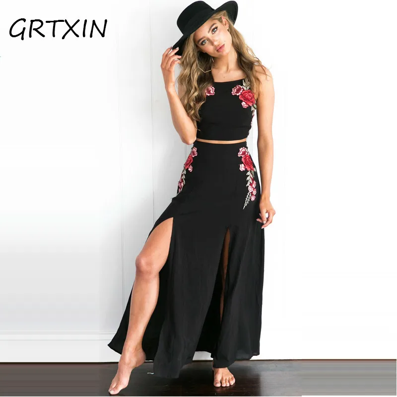 Summer Women Two Piece Set Beach Embroidery Roses Crop Top Skirt Sexy