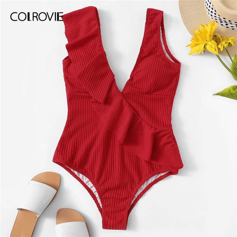 COLROVIE Red Solid Ribbed Ruffle Asymmetrical One Piece Swimwear ...