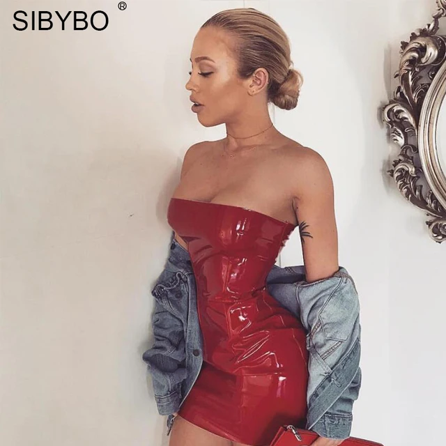Sibybo Sexy Black Pu Leather Women Summer Dress 2018 Sleeveless
