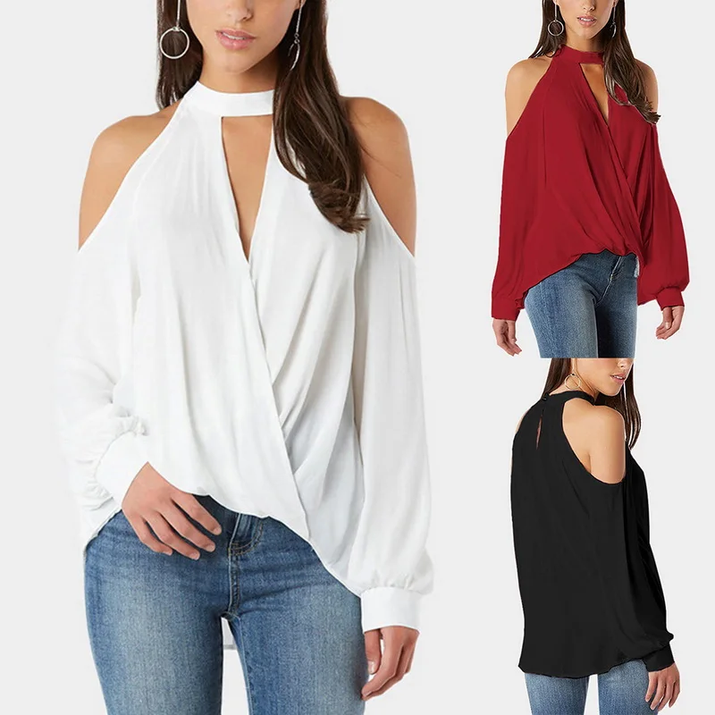 Lasperal Sexy Strapless T Shirt Women Autumn Loose Long Sleeve V Neck