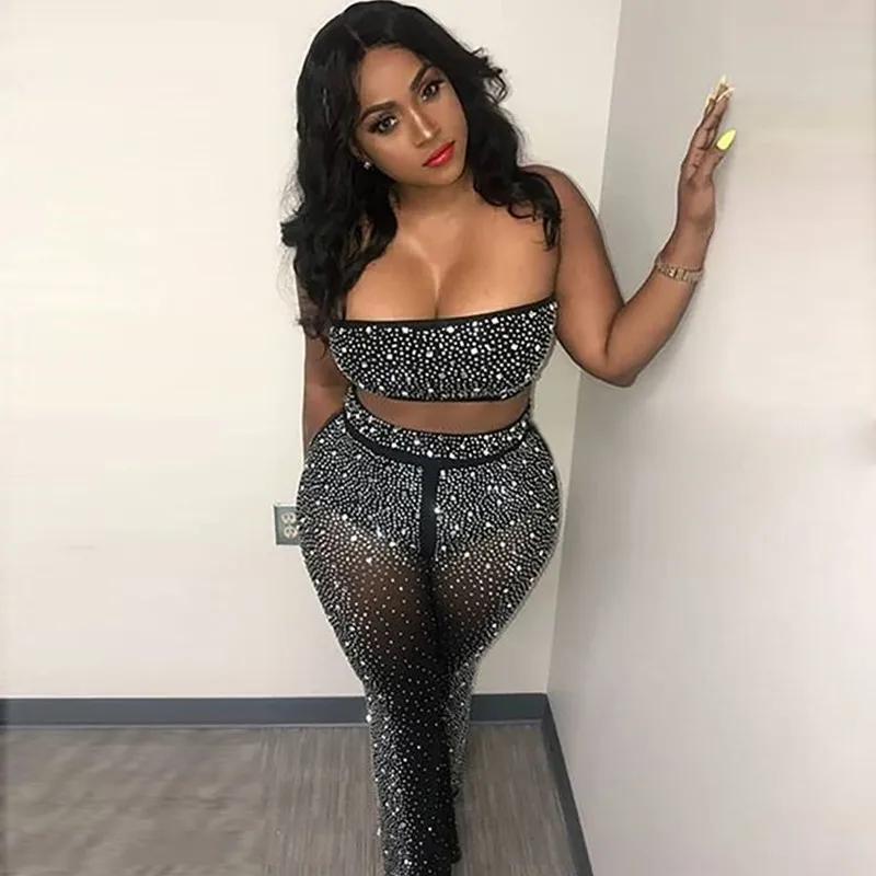 2018 Fashion Sequin Crop Top And Pants Set Women Black Two Piece Set