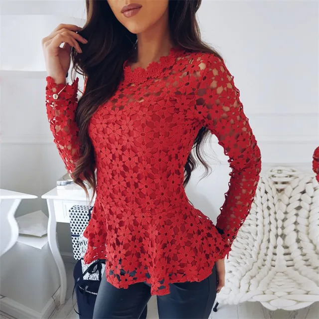 Sexy Red Lace Blouse Shirt Women Tops Elegant Hollow Out Blouse Summer