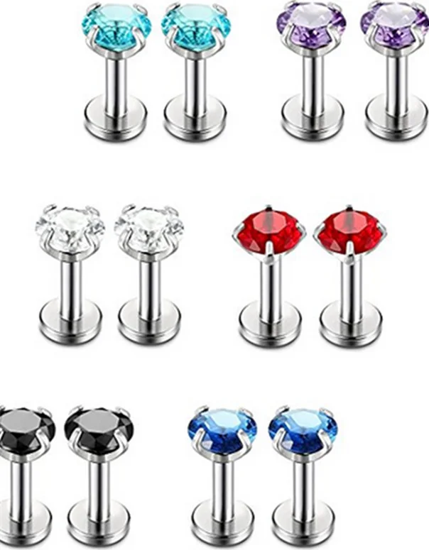 10PCS Surgical Steel CZ Gems Lip Labret Ring Bar Cartilage Tragus 16G~1 ...