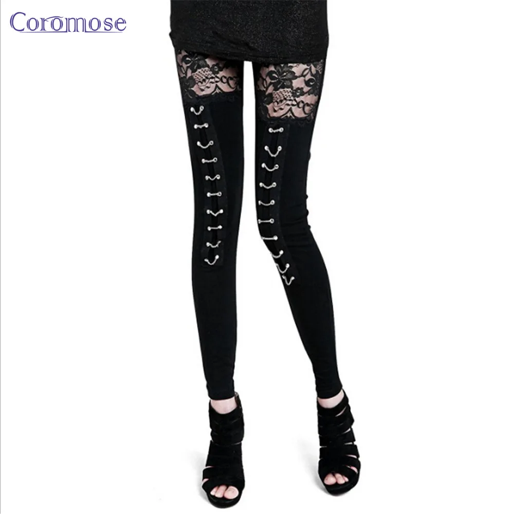 Coromose Women Sexy Lace Leggings Pants Flower Solid Cotton High Waist Ladies Punk Rock Gothic