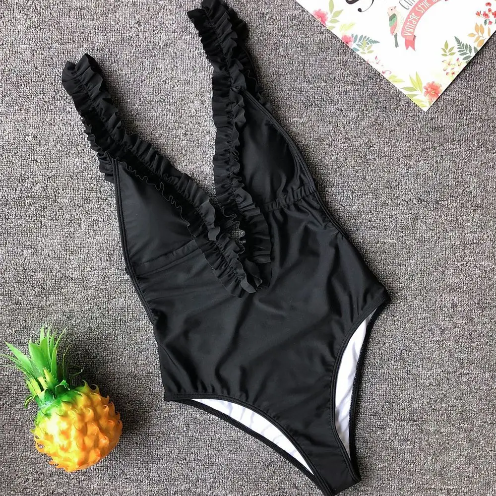 FREE SHIPPING Ruffle swimsuit one piece swimwear solid bandage maillot ...