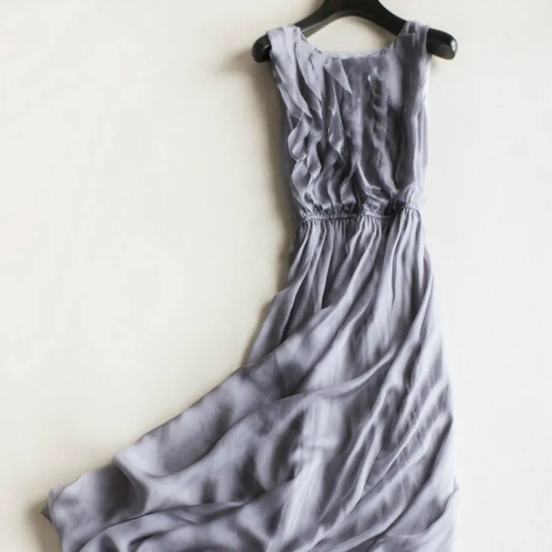 New-Summer-Beach-Dress-Shell-100-Silk-Women-Gray-dress-Elegant-Natural ...