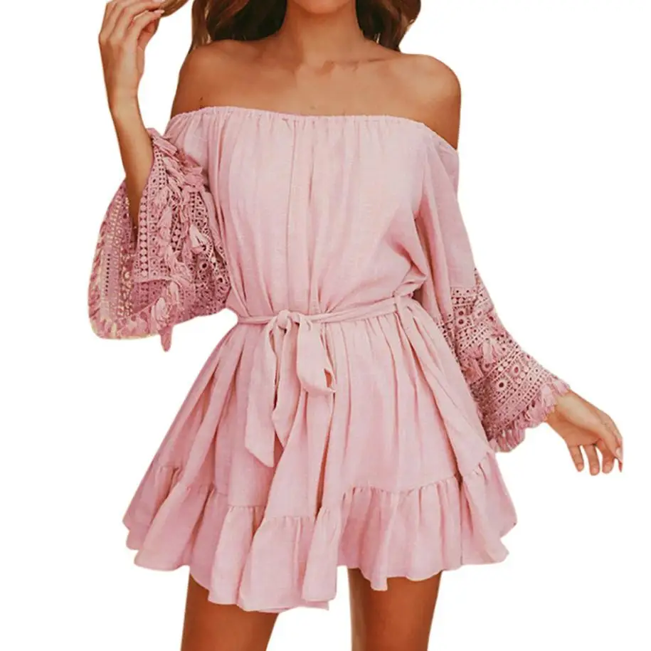 Pink Dress Off Shoulder Belt Hollow Out Mini Dress Tassel Ruffle Beach