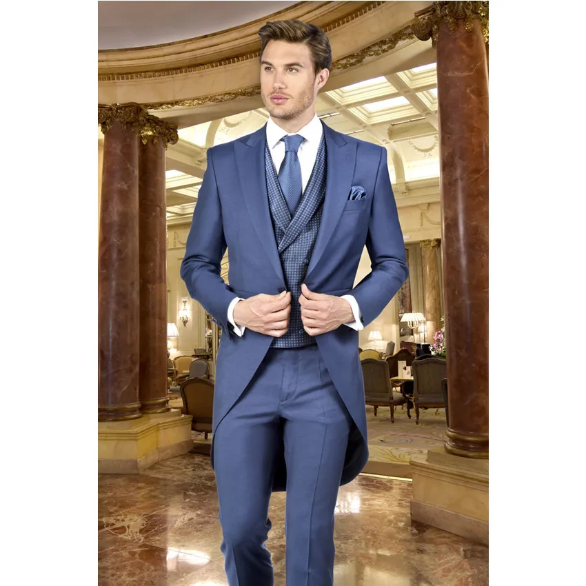 Anna Magnan Mens Blue Morning Suits Peak Lapel Wedding Groomsman Suits ...