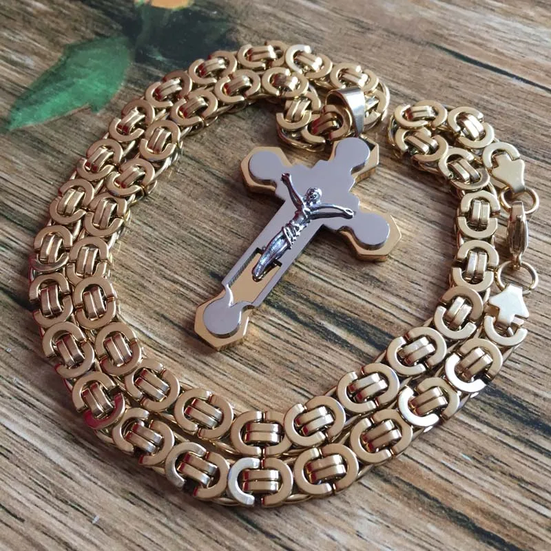 8.5mm Men Titanium Steel Jesus Link Byzantine Chain Catholic Crosses ...