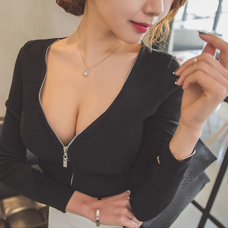 Women Deep V Neck T Shirt Zipper Cleavage Solid Color All Match Low Cut