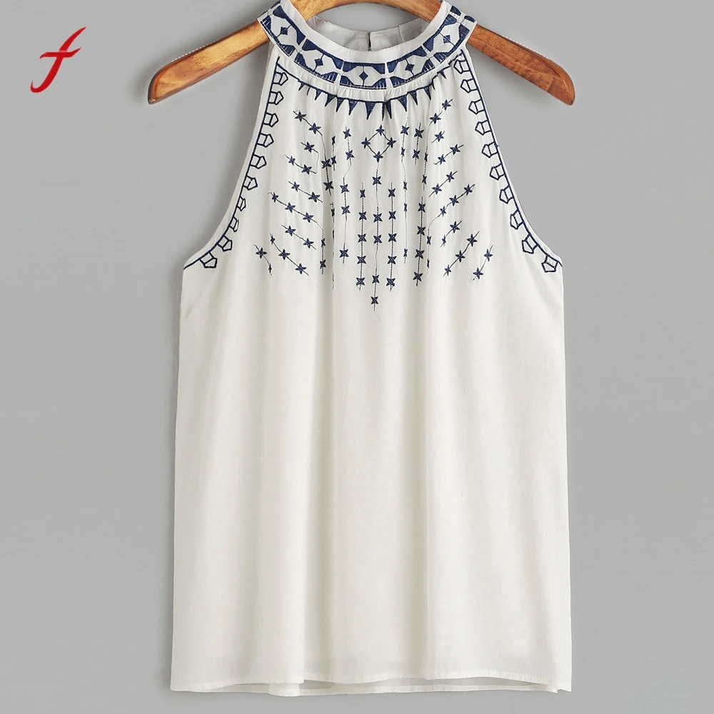 Feitong Boho Fashion Women Tank Tops Summer Casual Embroidered