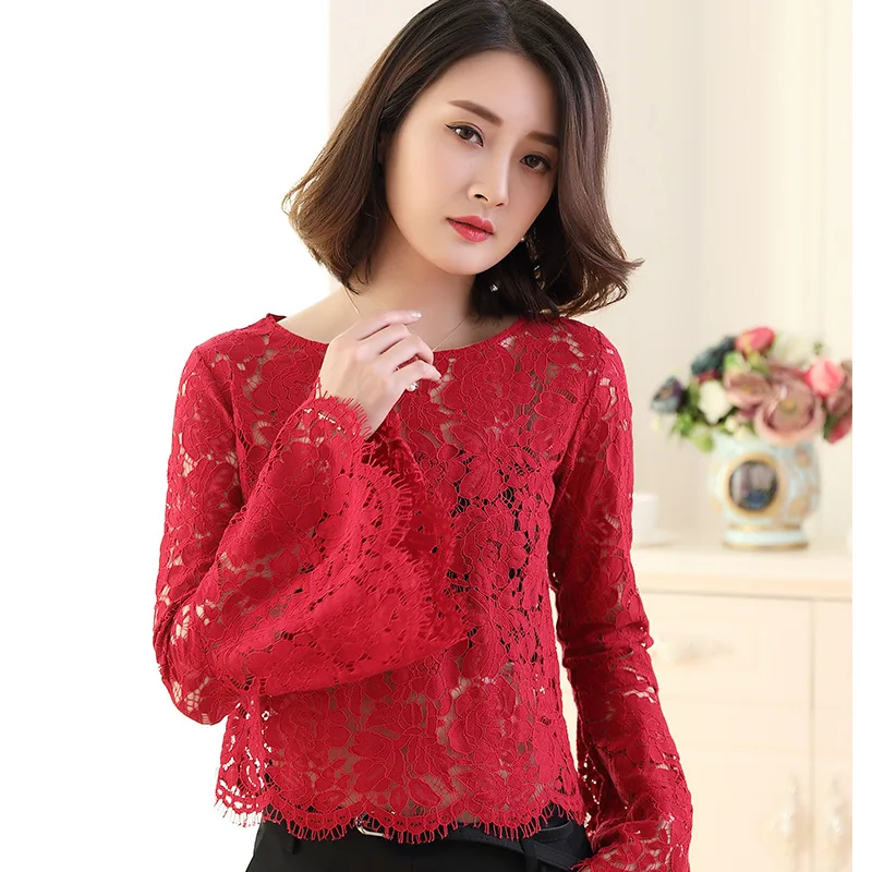 Autumn Blouses Shirts Women Lace Shirt Flare Sleeve O Neck Red short ...