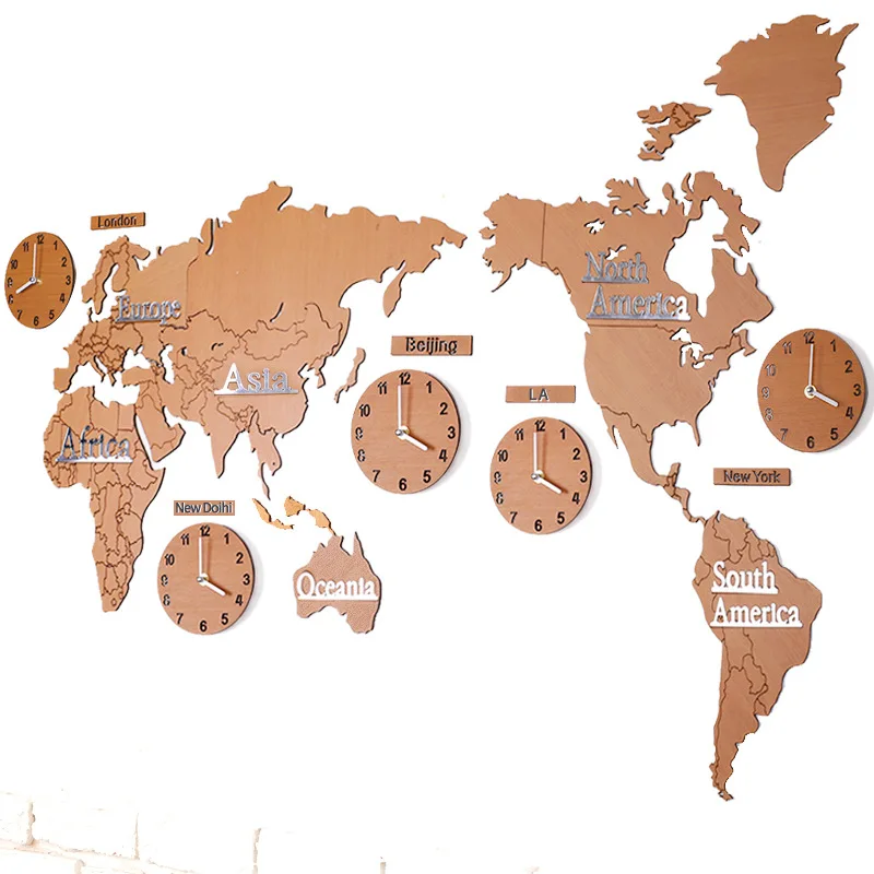 Wooden World Map Wall Clocks Modern Design Creative 3D World Map Clock ...
