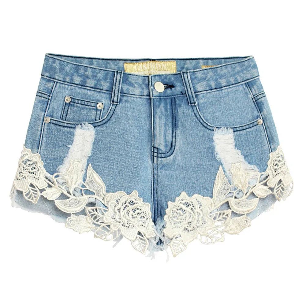 2017 Blue Lace Denim Shorts Sexy Elegant Zipper Fly Casual Short Women ...