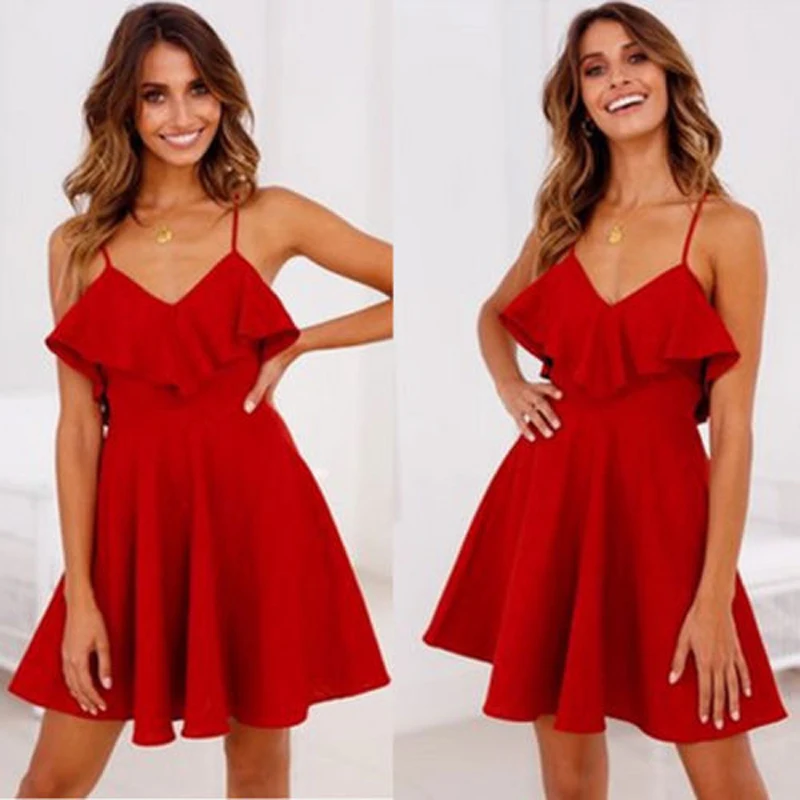 2018 New Women Summer Sleeveless V Neck Backless Red Short Mini Dress ...