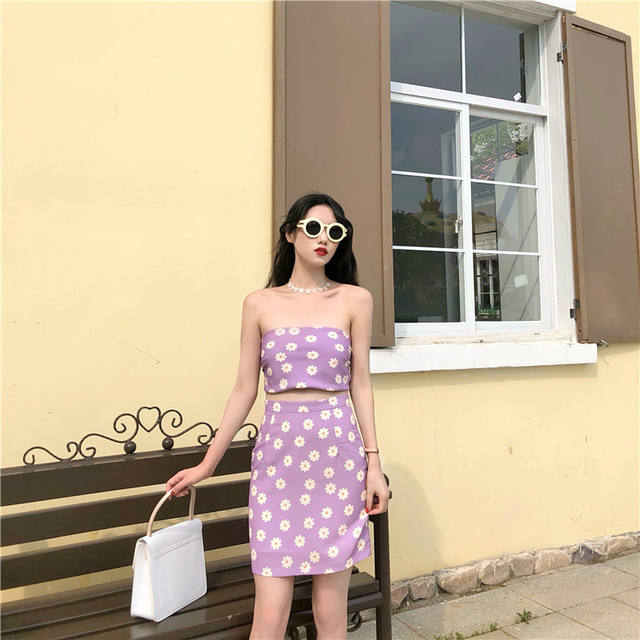 FREE SHIPPING Women Daisy Floral Tube Crop Top And Skirt Set Sexy Daisy ...