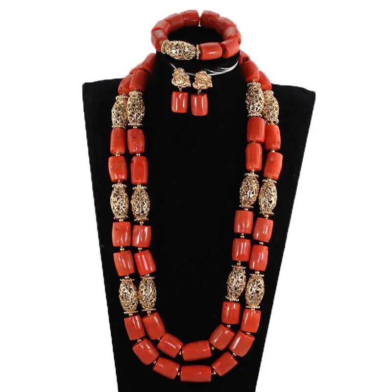 African Real Coral Beads Necklace Set Dubai Gold Statement Long ...