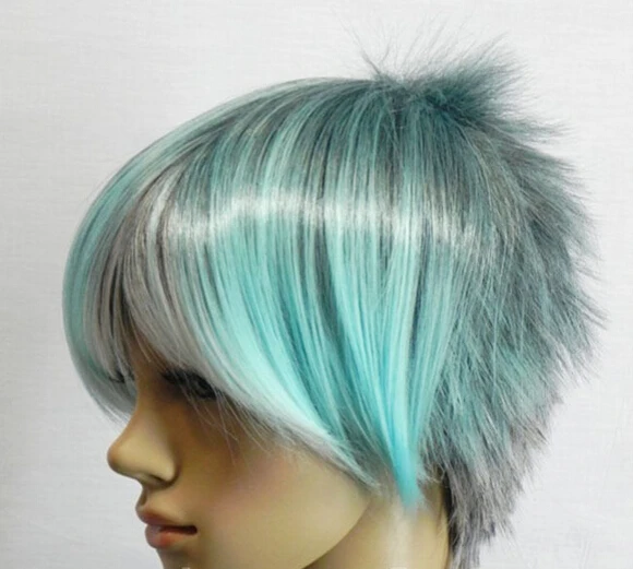 WBY Mavi Karışık Gri Çok renkli Kısa Düz lady Tam Peruk Sentetik Peruk ...