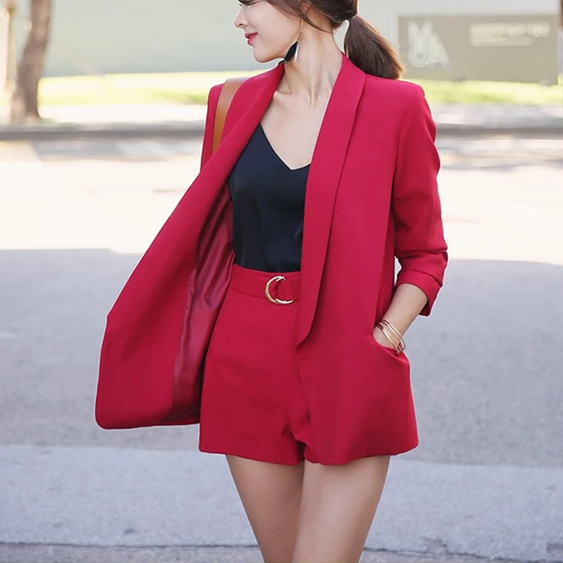 Red Short 2 Piece Sets Double Breasted Stripe Blazer Jacket And Straight Pant Office Lady Dress