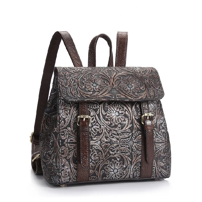 High Quality Genuine Leather Women Backpacks Female Embossed Flower ...