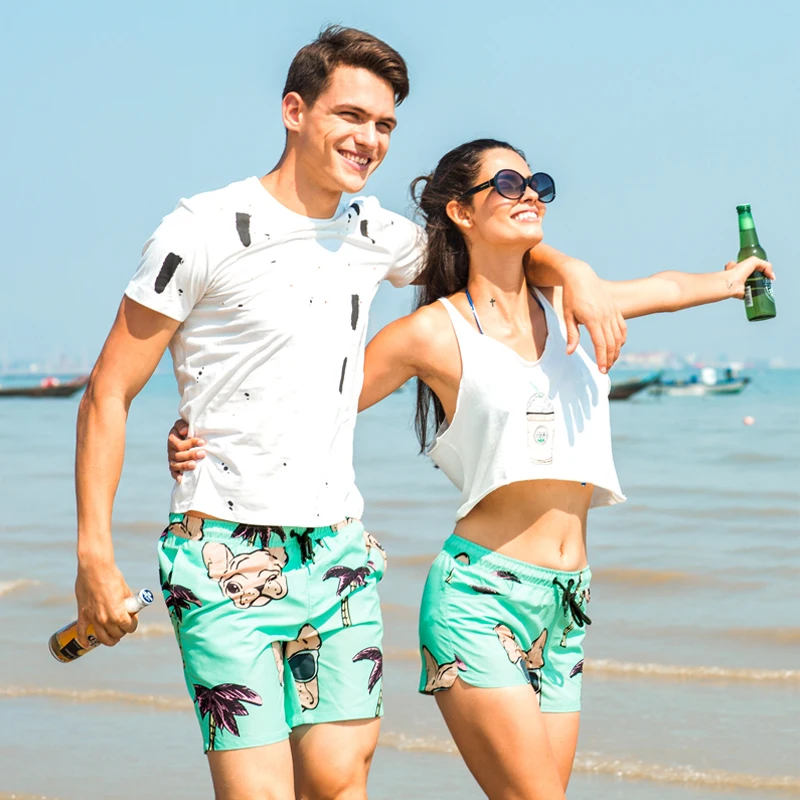 WD896 trend cartoon dog coconut tree print swimwear men couples ...