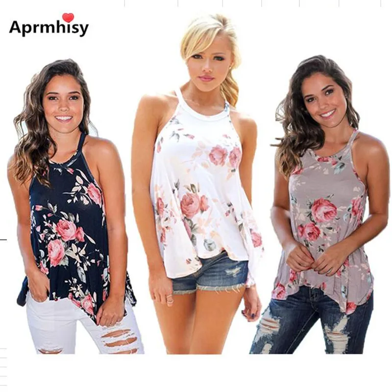 Aprmhisy Spring Summer tank top Sleeveless Floral Print Loose Halter ...